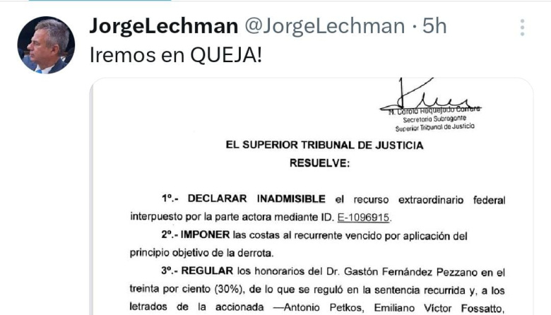 Lechman activa la vía de la queja ante la Corte Suprema y sostiene que ...